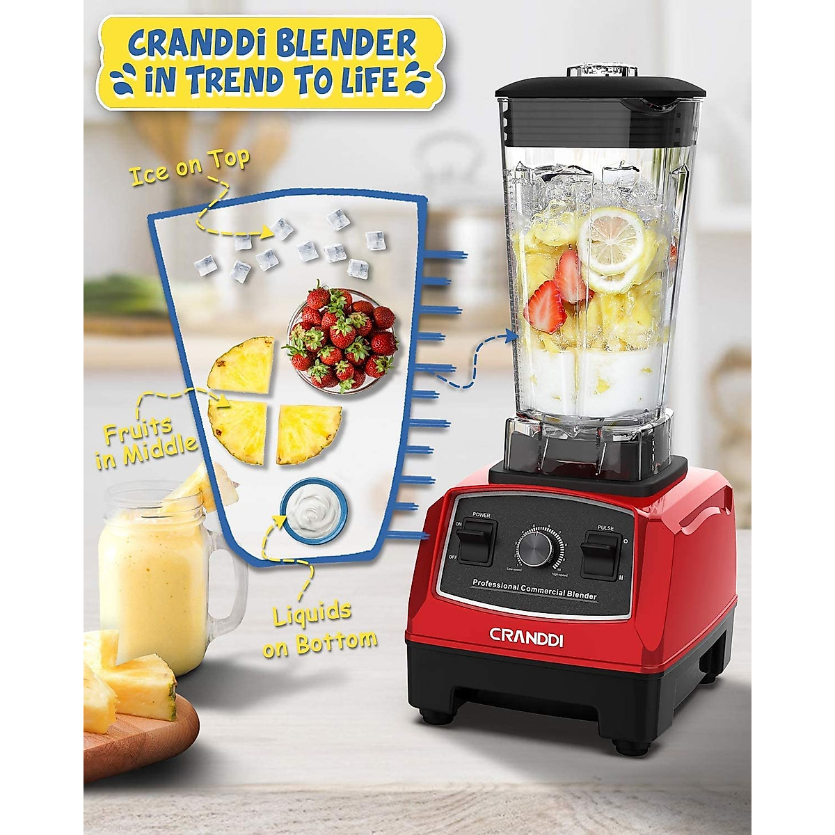 CRANDDI Professional Blender,1500 Watt Commercial Blenders for Kitchen with 70oz BPA-Free Pitcher and Self-Cleaning, Countertop Blenders for Shakes and Smoothies, Build-in Pulse, YL-010-R