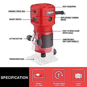 TEENO Wood Router, 650W 110V Compact Router Tools for Woodworking, 32000 RPM Hand Trim Router with 12 Pcs 1/4" Router Bits Set, 6 Variable Speeds, Edge Guide, Roller Guide and Portable Tool Box