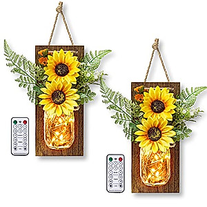 Sunflower Wall Decor Mason Jar Sconces Wall Decor 2 Pcs Rustic Farmhouse Handmade Wall Art Hanging with Remote Control LED Fairy Lights for Home Kitchen Living Room House Bedroom Wall Decorations