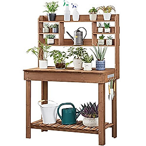 Yaheetech Potting Bench Table - Germination Table & Outdoor Garden Work Bench Platform w/Display Rack/Storage Shelf/Hanger/Thoughtful Sink - Brown