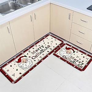 Prime Leader Merry Christmas Kitchen Mat Set 2 Pieces Cute Santa Claus Decor Red Black Buffalo Plaid Non Slip Kitchen Rugs Washable Runner Rug Mats for Kitchen Sink, 15.7" x 23.6"+15.7" x 47.2"