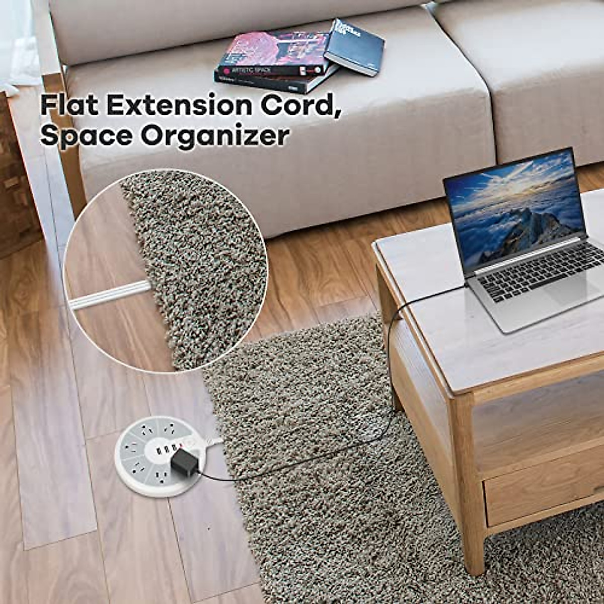 Flat Plug Power Strip with Surge Protection - 6 Outlets Flat Extension Cord Surge Protector with 3 USB Ports - Compact Charging Station Multi Plug Outlet Extender for Electronic Deivces, Home, Office