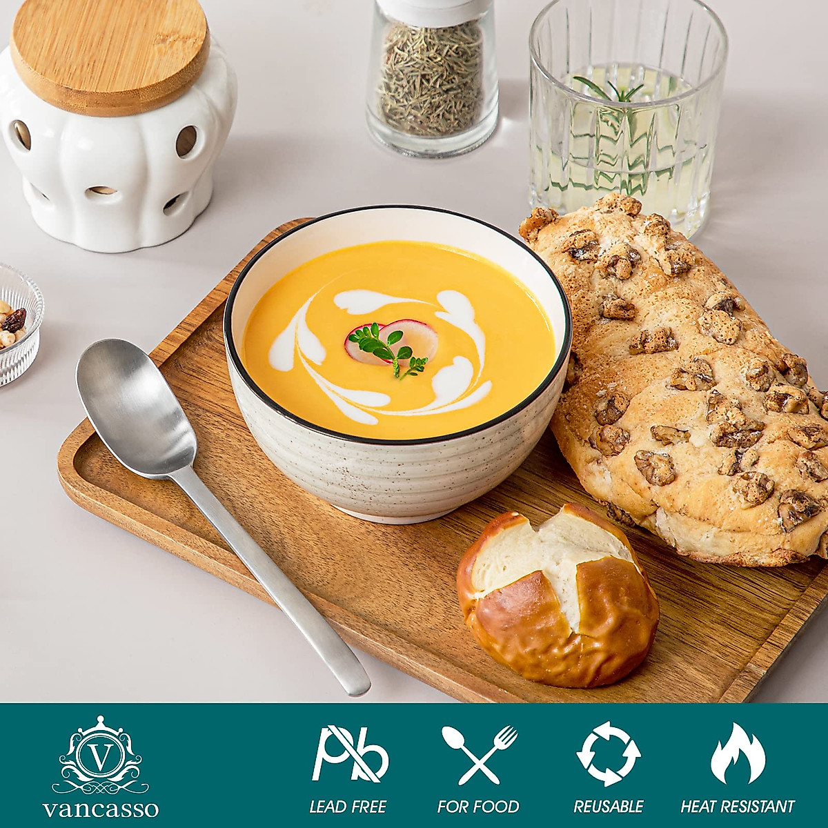 vancasso Bonbon 24oz Stoneware Cereal Bowls 5.5 Inch Microwave & Dishwasher Safe Lead-free Soup Bowls Beige Bowls Set of 6 Kitchen Bowl for Pasta Oatmeal Salad Dessert