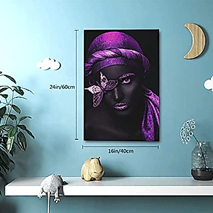 Siufgak Black Women Canvas Wall Art African American Purple Turban Butterfly Poster Black Art Fashion Contemporary Artwork For Living Room Bedroom (16"X24" Unframed)