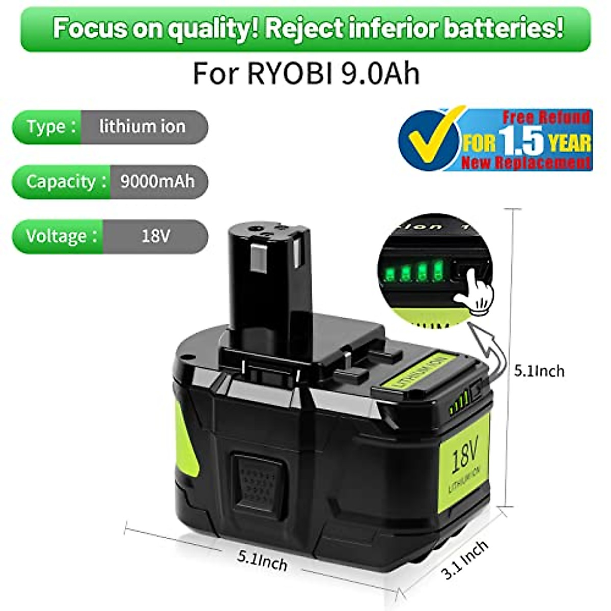 【Upgrade!】 CaliHutt 18V 9.0Ah Replace Battery for Ryobi ONE+ Plus 18V Battery High Capacity 18V Lithium-Ion Battery P102 P104 P105 P106 P108 P107 P109 for Cordless Power Tools