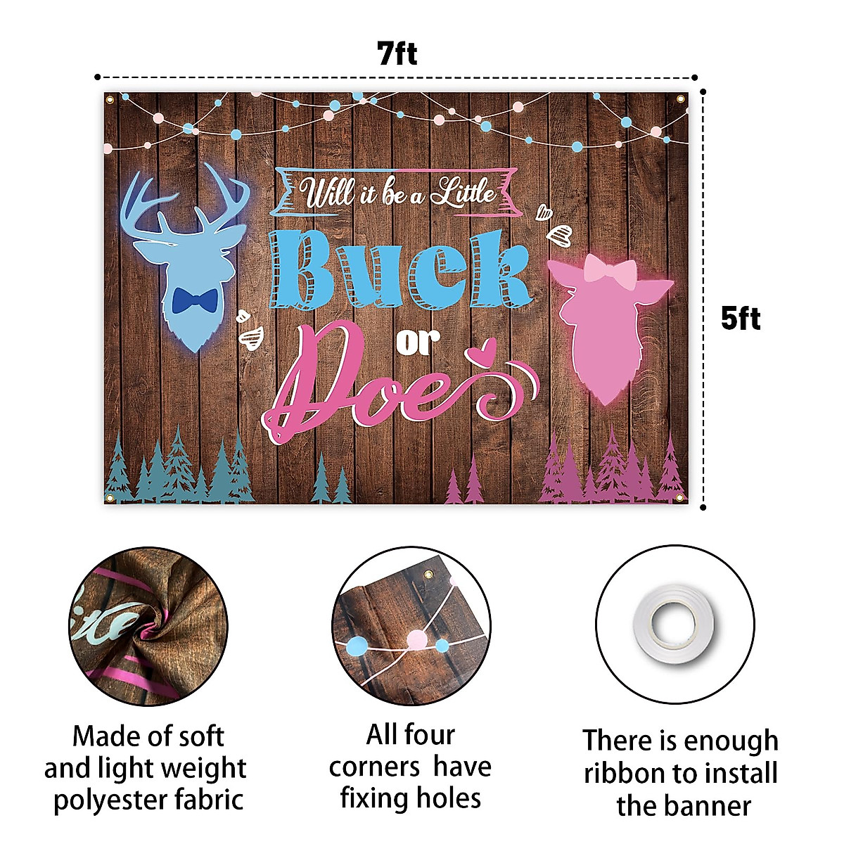 Wood Lights Deer Buck or Doe Gender Reveal Background Will it Be a Little Buck or Does 7x5ft Photography Background Props Winter Xmas Photo Booth Prop Deer Baby Shower Backdrops Party Decoration