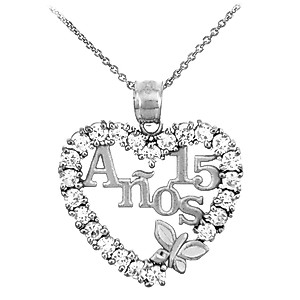 Sterling Silver Sweet 15 Anos Quinceanera Necklace with Cubic Zirconia Heart with Butterfly, 16"