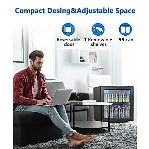 Joy Pebble Beverage Refrigerator Cooler 1.3 Cu.Ft, 12 Bottle 55 Can - Mini Fridge with Glass Door for Beer Drinks Wines,Freestanding beverage fridge with Adjustable Shelving