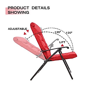 Omelaza 3 Pieces Patio Padded Folding Chair, Outdoor Adjustable Reclining Lounge Chairs with Tempered Glass Table (Red)