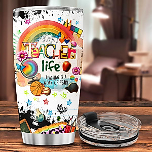 Teacher Gifts, Appreciation For Pack Women Tumblers Teachers Gift Stainless Coffee Steel Music Cups, Teacher Life A Big Heart, Tumbler 20 Oz With Lid And Straw