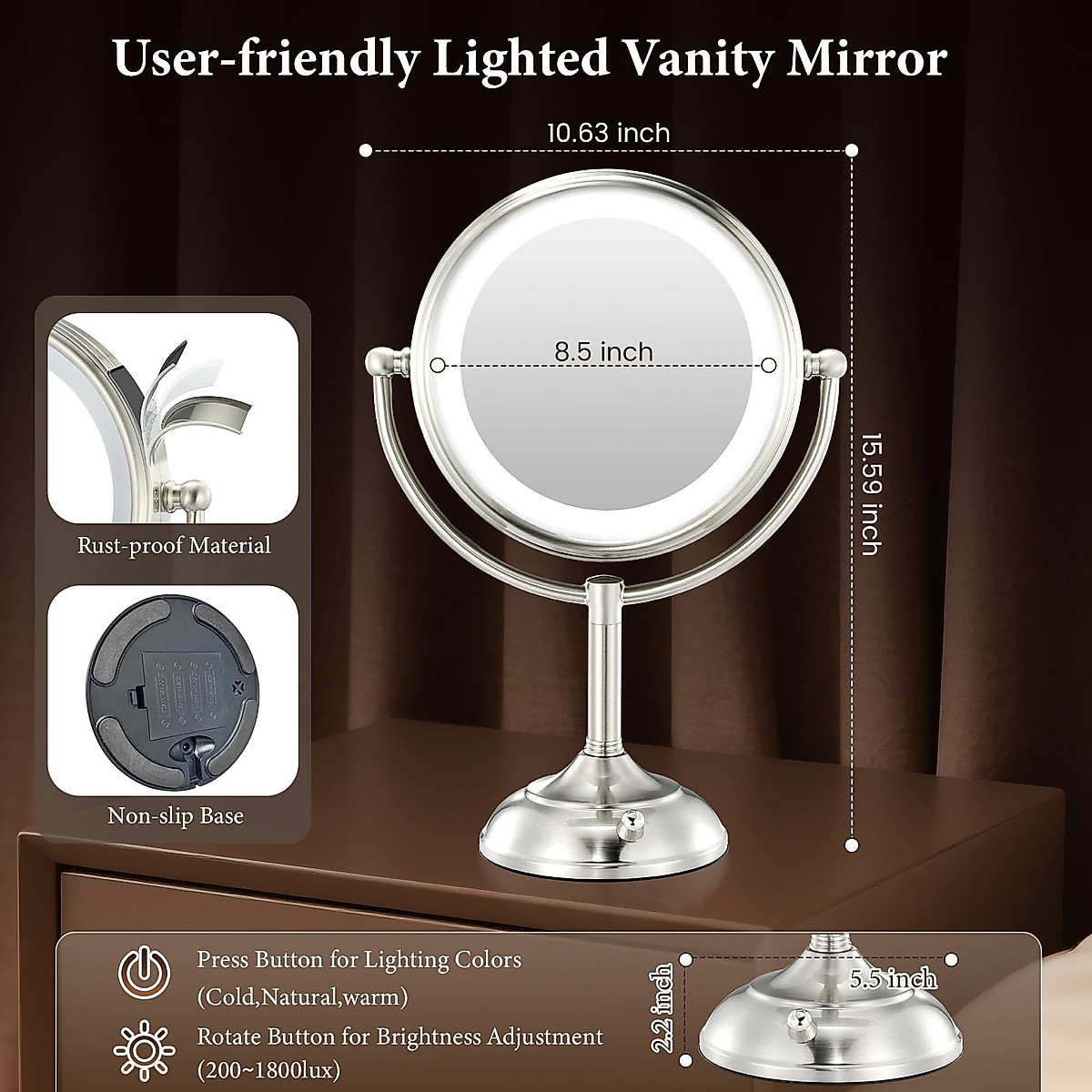 Professional 8.5" Large Lighted Makeup Mirror Updated with 3 Color Lights, 1X/10X Magnifying Swivel Vanity Mirror with 48 Premium LED Lights, Brightness Dimmable Cosmetic Mirror, Senior Pearl Nickel