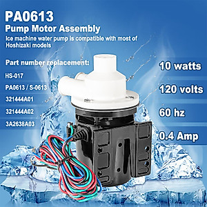 Pump Motor Assembly Replacement for Hoshizaki PA0613 Ice Machine Water Pump, Includes Run Capacitor and Wire Leads 120V 60Hz 10W 0.4 Amp