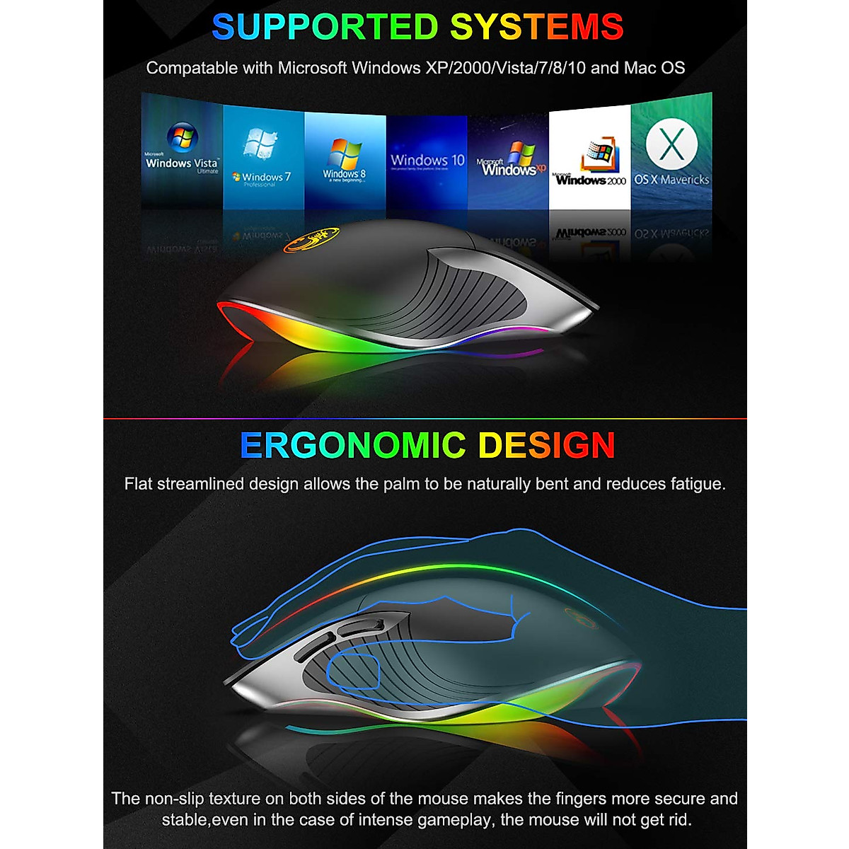 KKUYI RGB Gaming Mouse Wired, USB Computer Gaming Mice with Chroma RGB Lighting/6 DPI Levels/6 Buttons, RGB Gamer Desktop Laptop PC Gaming Mouse with 6ft Cable for Windows Xbox PS4 (Black-01)