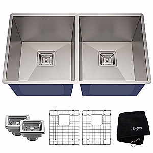 KRAUS Pax 31 1/2-inch 16 Gauge Undermount 50/50 Double Bowl Stainless Steel Kitchen Sink, KHU322
