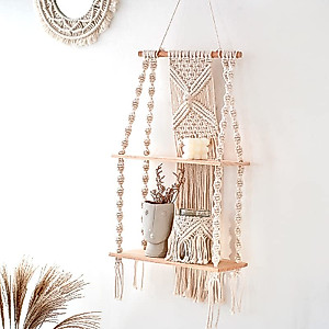 JnnRain Macrame Shelf Wall Hanging Beige Shelves White Decor Plants Home 2D x 1W x 1H in