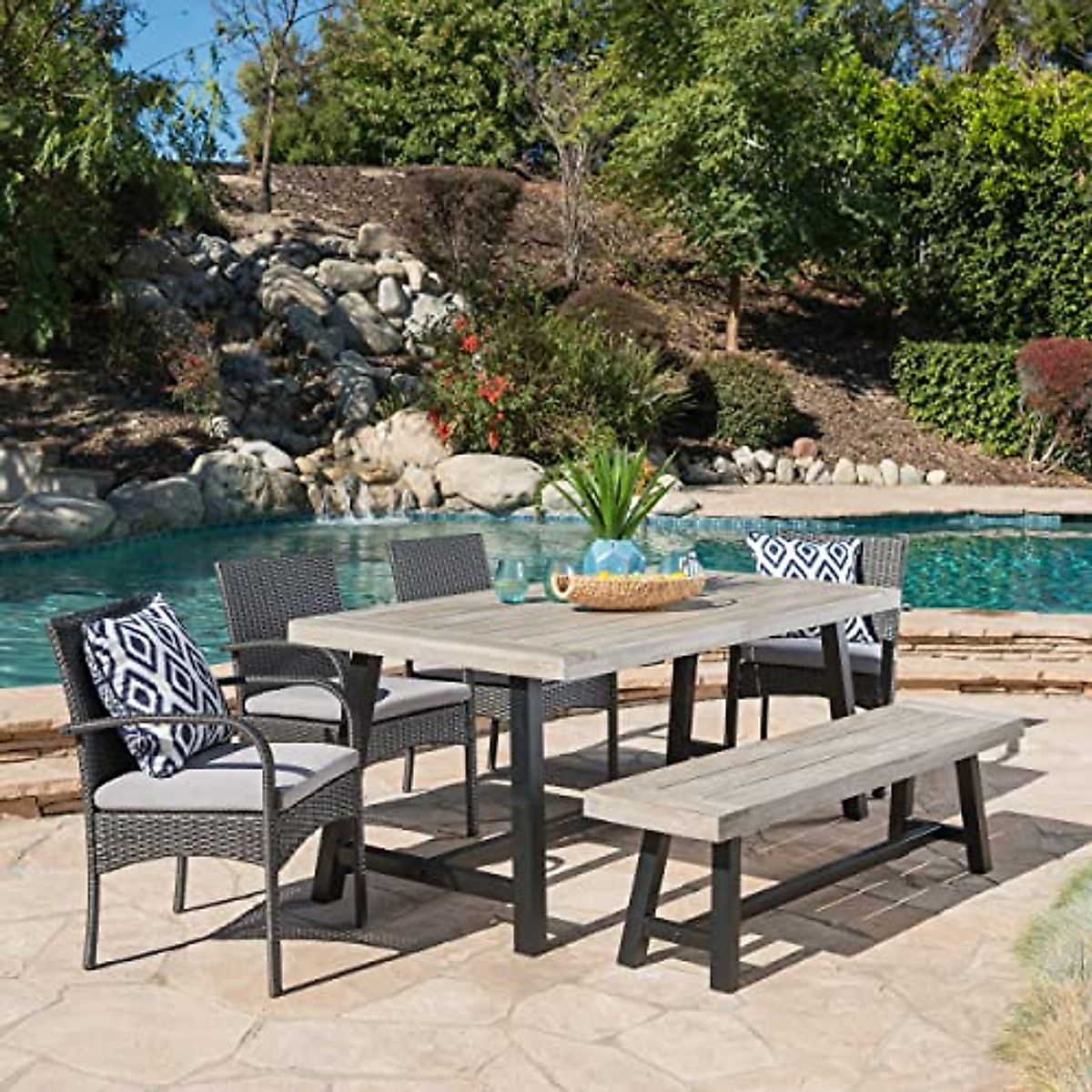 Christopher Knight Home Louise Outdoor Wicker Dining Set with Acacia Wood Table and Bench and Water Resistant Cushions, 6-Pcs Set, Sandblast Light Grey / Black Rustic Metal / Grey / Grey Cushions