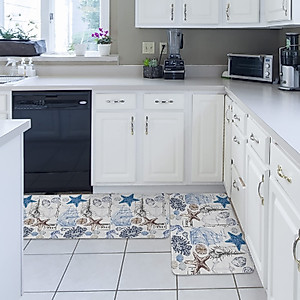 Debedcor Ocean Theme Beach Kitchen Rugs and Mats Set of 2, Coastal Starfish Non-Skid Bathroom Rugs, Nautical Seashell Rug Kitchen Runner Floor Mat for Sink/Laundry Room/Office, 15.7"x23.6"+15.7"x47.2"