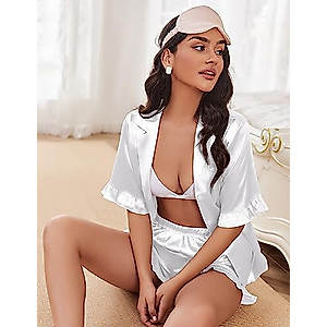 Ekouaer Women's Pajama Set Satin Button Up Sleepwear Comfy Nightwear Two Piece Silk Pjs Shorts Set Bridesmaid Gift White,Large