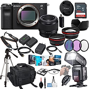 Sony a7C Mirrorless Camera Bundle (Black)- ILCE7C/B with FE 50mm f/1.8 Lens + Prime Accessory Package Including 128GB Memory, TTL Flash, Extra Battery, Software Package, Auxiliary Lenses & More