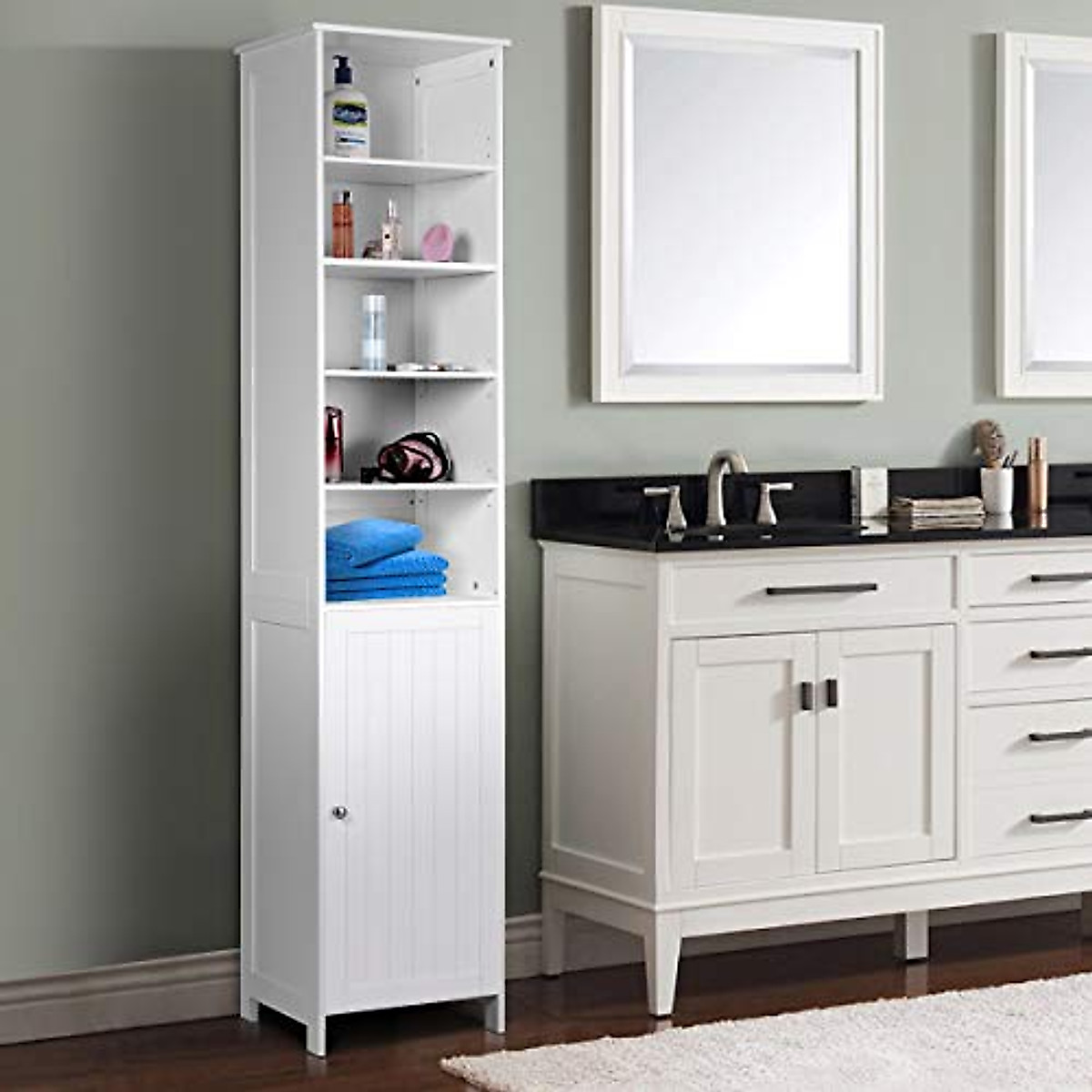 WATERJOY 72'' Tall Cabinet, Standing Tall Storage Cabinet, Wooden White Bathroom Cupboard with Door and 5 Adjustable Shelves, Elegant and Space-Saving