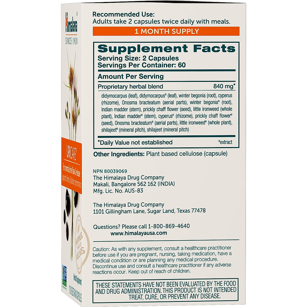 Himalaya UriCare Herbal Supplement, Kidney & Bladder Support, Urinary Tract & Urine Flow Support, Caffeine-Free, Non-GMO, Gluten Free, Vegetarian, 120 Capsules, 30 Day Supply