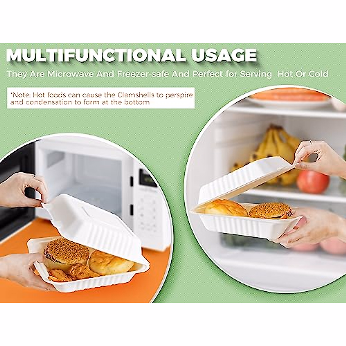 AUEAR, 8 Inch [50 Pack], Compostable Clamshell Take Out Food Containers, To Go Boxes for Food, Natural Disposable Clamshell Food Container, Eco-Friendly, Heavy - Duty To-Go Containers