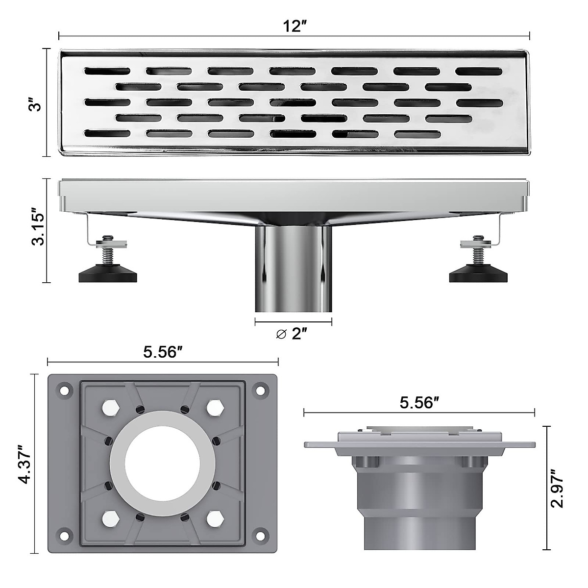 EMBATHER 12 Inches Shower Drain with Removable Strainers,PVC Shower Drain Base for Bathroom Floor Drain,Brushed Nickel Stainless Finished
