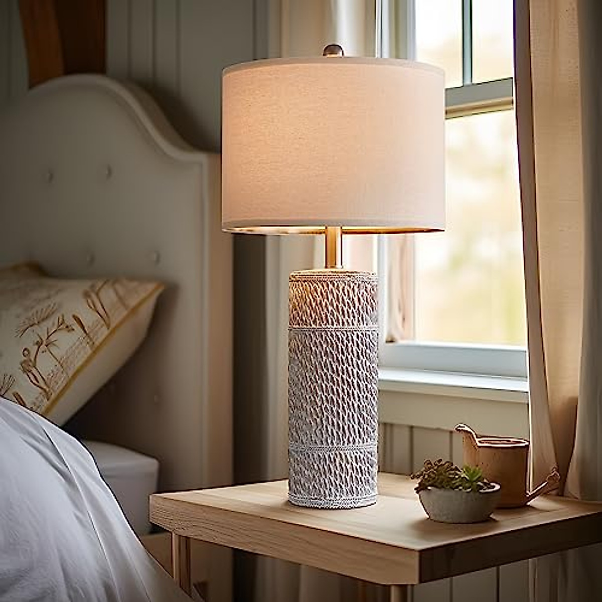 OYEARS 25.5 "Retro Farmhouse Table Lamps Set of 2 Woven Pattern Resin Bedside Lamps Classic Country Washed White Lamp for Bedroom Living Room Home Office