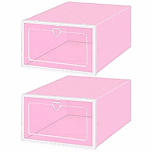 Storage Box Storage Container 2Pcs Shoes Box with Heart Pull Ring Easy Assembly Plastic Drawer Type Shoes Case Home Storage - Pink