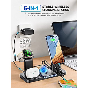 KINYELL Charging Station for Multiple Devices Apple，48W 5 in 1 Fast Wireless Charging Station for iPhone AirPods Apple Watch Charger, Gift for Men, Gift for Her Valentines Anniversary Day Black