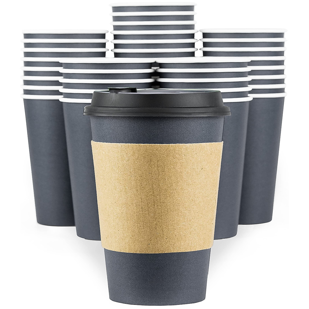 Glowcoast Disposable Coffee Cups With Lids and Sleeves, 12 oz - (90 Pack) To Go Coffee Cup With Lid. Togo Travel Paper Hot Cups Insulated For Hot, Cold Beverage Drinks (Dusk Grey)
