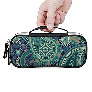 Green Paisley Pattern PU Leather Pencil Pen Case Organizer Travel Makeup Handbag Portable Stationery Bag