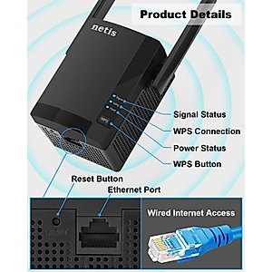 Netis E3 AC1200 Wireless Dual Band Range WiFi Extender with WPS One Button Setup, 2 High Gain Antennas and Wired Expansion Port