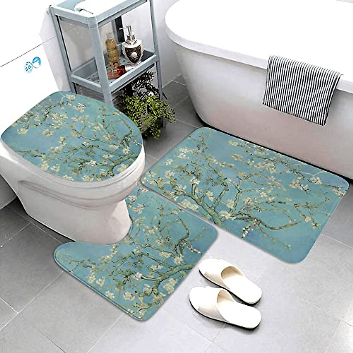 Almond Blossom by Vincent Van Gogh Paintings Bathroom Rugs Mats Set 3 Piece Soft Bath Mat Contour Mat Toilet Lid Cover