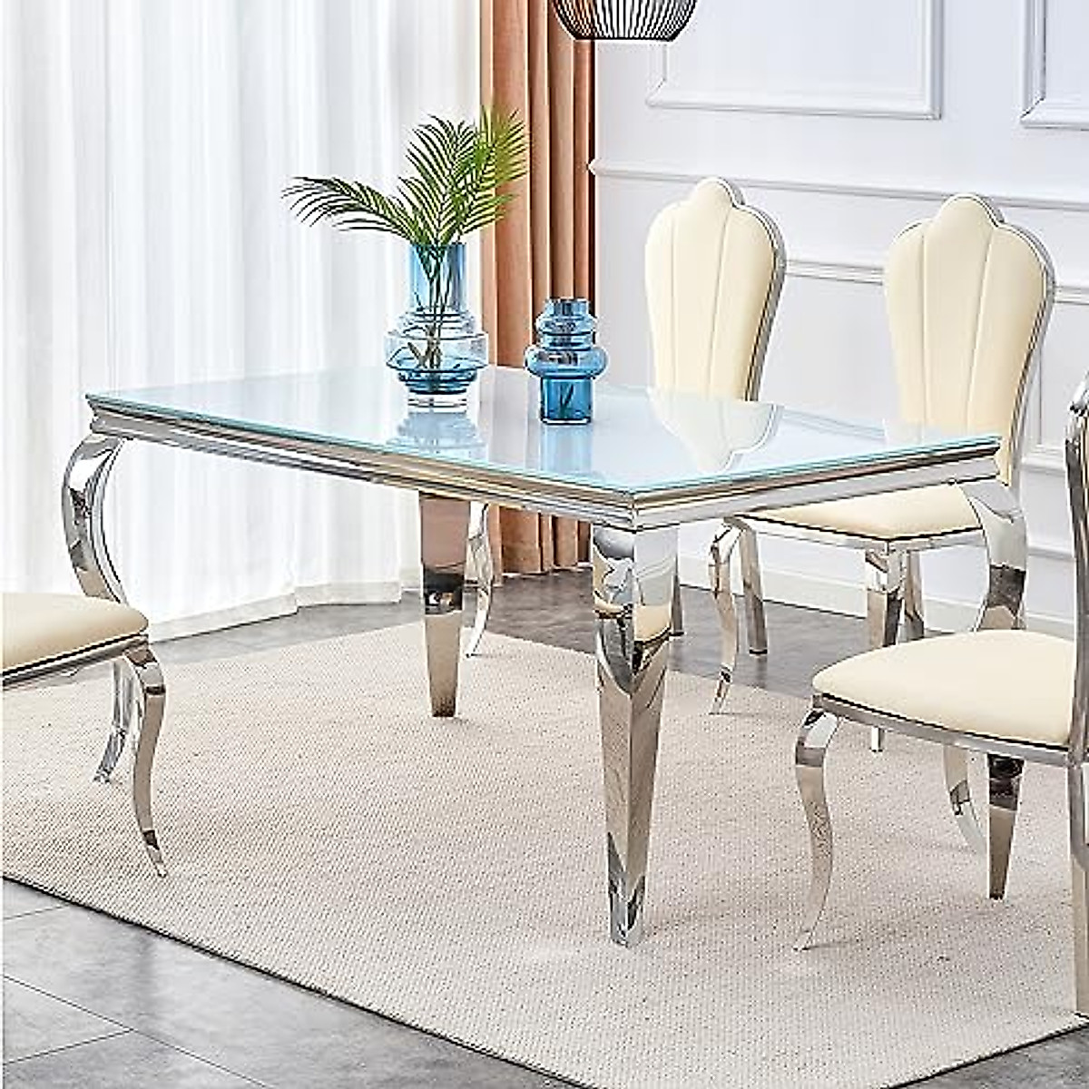 Nicemoods Modern Style Dining Table with Contemporary Tempered Contemporary White Glass Top S-Shaped Pedestal,Kitchen Table with Silver Stainless Steel Pedestal Base 59" Lx35.4 Wx29.5 H, Silver