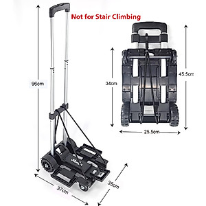ZHJINGYU Folding Hand Truck,Utility cart with 4 Wheels & 2 Elastic Ropes,Portable Backpack Trolley,Luggage cart,Dolly,Grocery cart,Travel,Moving,Shopping.Aluminum Pole,Black,Small