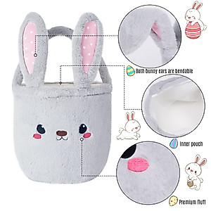 Bunny Easter Basket for Kids, Cute Plush Empty Bucket with Foldable Ears and Handle Egg Hunt Tote Candy Bag Basket for Boy Girl Teens Gift, Easter Basket Decor Grey 9×9 Inch