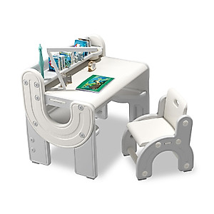 hoopyosms Kids Drawing Table and Chair Set with Erasable Tabletop & Watercolor Pens Toddler Furniture with Storage Shelf for Art, Reading & Play for Boys & Girls, Grey