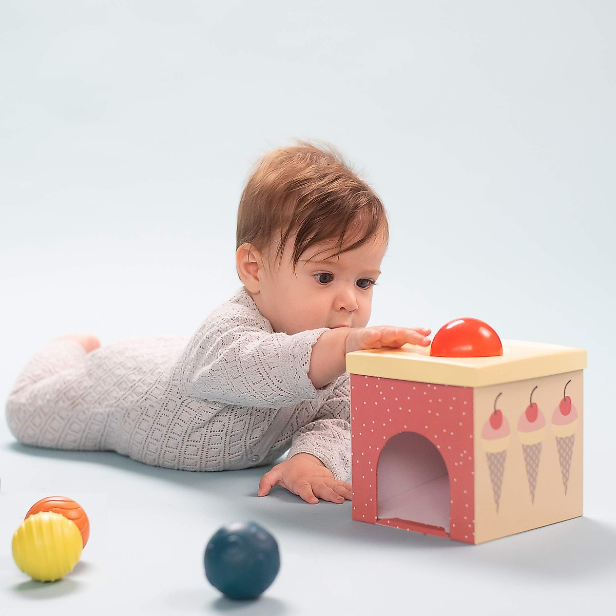 Taf Toys Toddlers Object Permanence Ball Drop Stacker, Made of Strong & Durable Cardboard Box & Plastic Cover Perfect Developmental Toy for Tummy-Time
