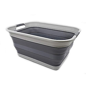 SAMMART 42L(11 Gallon) Collapsible Plastic Laundry Basket-Foldable Pop Up Storage Container/Organizer-Portable Washing Tub-Space Saving,Water Capacity 34L(9 Gallon) (1 Rectangular - Strengthen, Grey)
