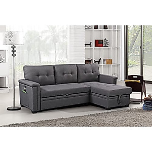 ERYE L-Shaped Corner Sleeper Sectional Couch Bed Linen Upholstery Sofa w/Reversible Storage Chaise,USB Charging Ports and Side Pocket for Home Apartment Office Living Room Furniture Sets, Dark Gray