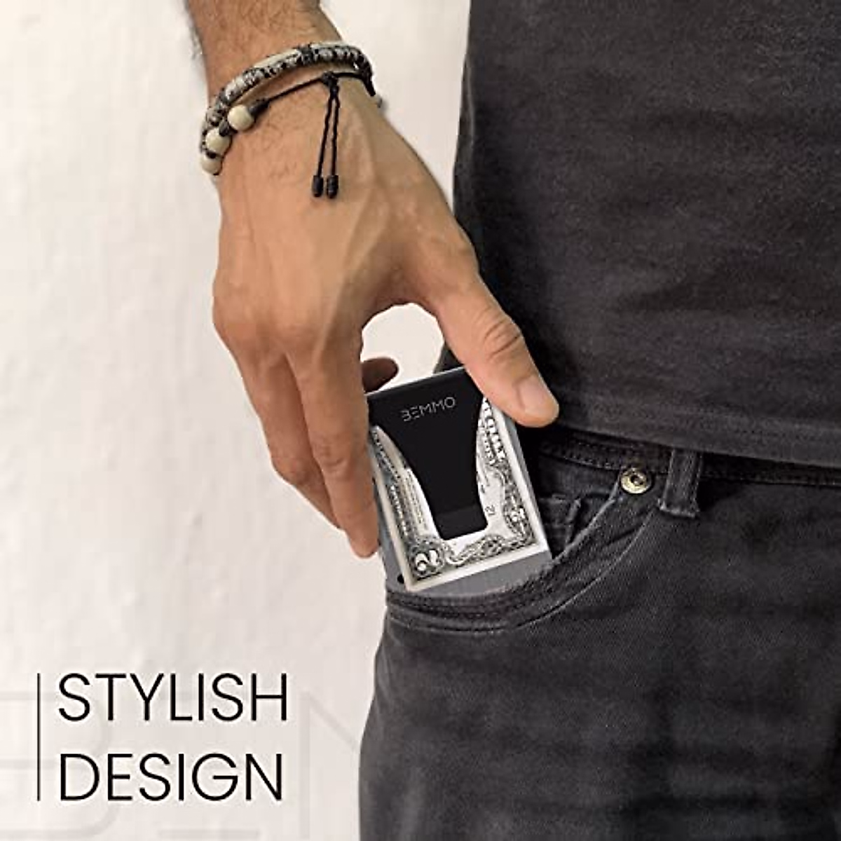 Bemmo Slim minimalist Credit Card wallet with Money Clip aluminum metal holder RFID Blocking carbon fiber, Great Gift Idea (Brushed Steel)