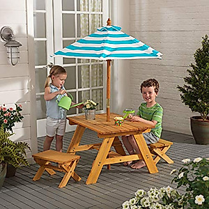 KidKraft Outdoor Wooden Table & Bench Set with Striped Umbrella, Children's Backyard Furniture, Turquoise and White, Gift for Ages 3-8, Amazon Exclusive