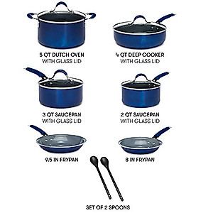Cooking Light Nonstick Ceramic Pots and Pans Set with Silicone Stay Cool Handles, Dishwasher Safe, 12-Piece Cookware Set, Blue
