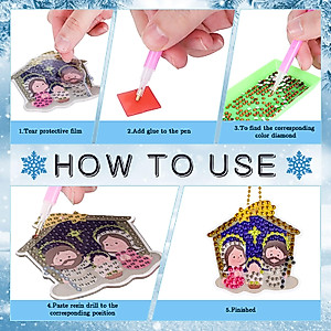 Whaline 15Pcs Christmas 5D Diamond Drawing Keychain Kit DIY Handmade Nativity Angel Diamond Drawing Pendent Rhinestone Mosaic Making Full Drill Diamond Art Ornaments Key Chain for Kids Crafts