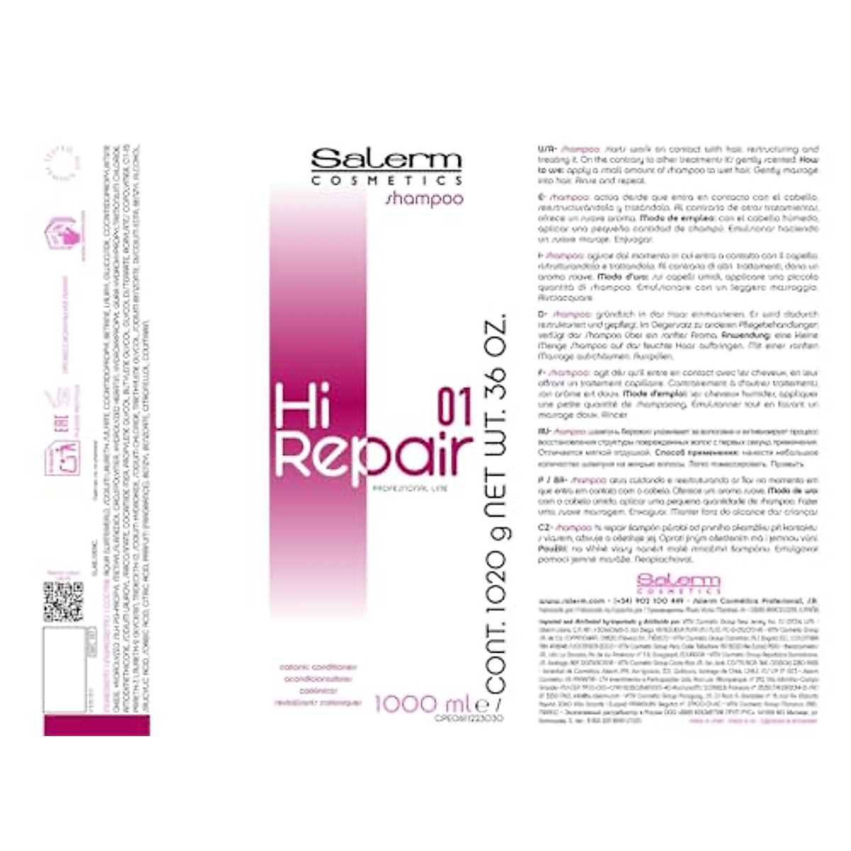 Salerm - Repairing Shampoo - Hi Repair Shampoo - 1000 ml - Deep Hydration for Damaged Hair - Repairs and Rejuvenates - Shinier and Softer Hair - Immediate Effect