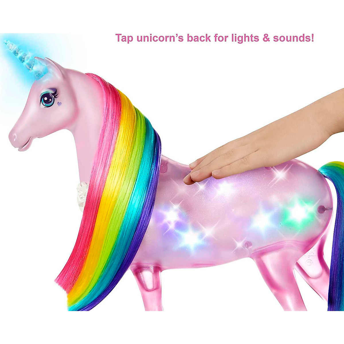 Barbie Dreamtopia Magical Lights Unicorn with Rainbow Mane, Lights and Sounds, Princess Doll with Pink Hair and Food Accessory, Gift for 3 to 7 Year Olds, Multi, Única