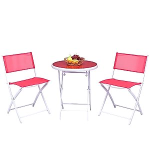 Giantex Bistro Table Set, 3 Piece Patio Bistro Set, Outdoor Folding Table and Chairs, Foldable Patio Dining Set, Porch Furniture Set Garden Backyard Metal Frame No Assembly, Red