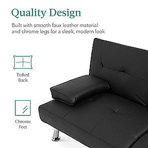 Best Choice Products Faux Leather Upholstered Modern Convertible Folding Futon Sofa Bed for Compact Living Space, Apartment, Dorm, Bonus Room w/Removable Armrests, Metal Legs, 2 Cupholders - Black