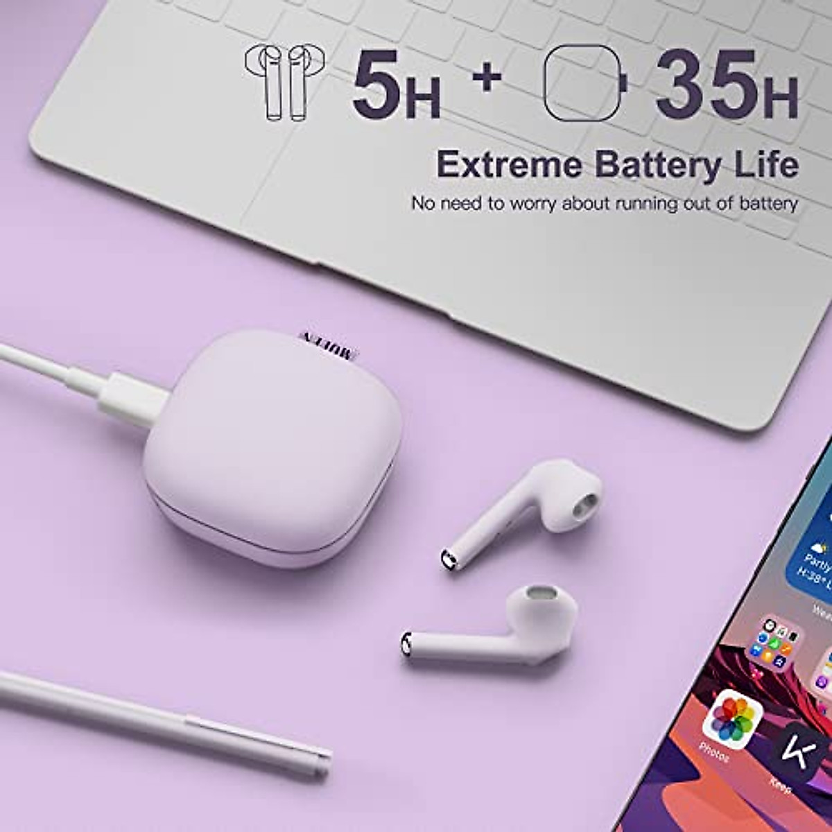 MOEEN Wireless Earbuds, Bluetooth Headphones, Earphones Bluetooth 5.0 USB-C Fast Charge, 5Hrs Single Playtime 35Hrs Playtime IPX5 Waterproof, Bluetooth Earbuds with Running Fitness Commute, Purple